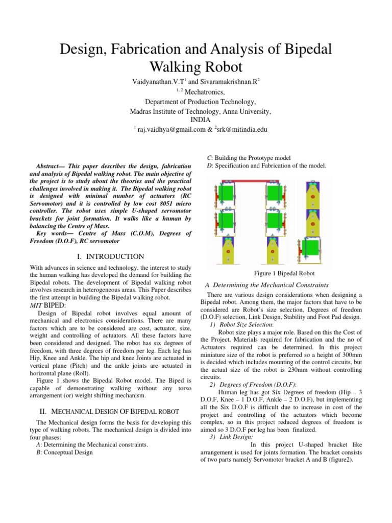 Design, Fabrication and Analysis of Bipedal Walking Robot | PDF ...