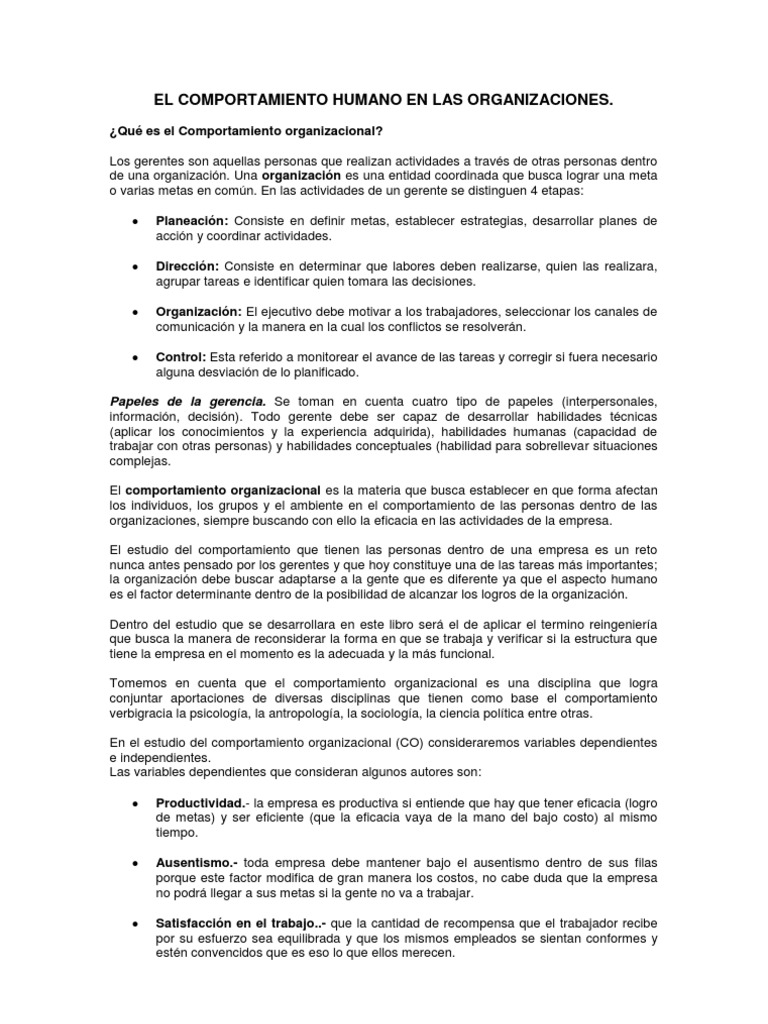 El Comportamiento Humano en Las Organizaciones | PDF | Comportamiento organizacional ...