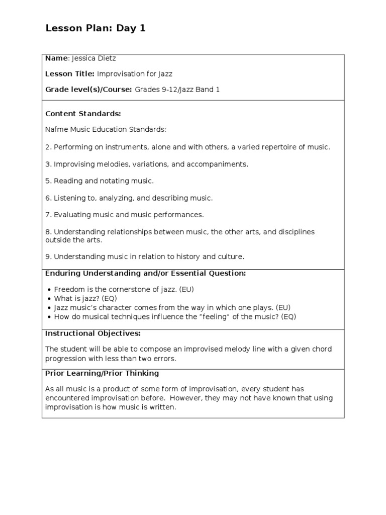 Lesson Plan Day 1 | PDF | Improvisation | Lesson Plan