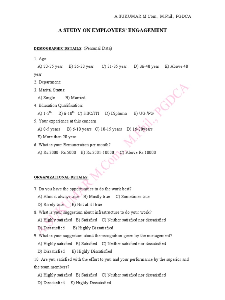 Employee Engagement Questionnaire Sample | PDF | Organizational ...
