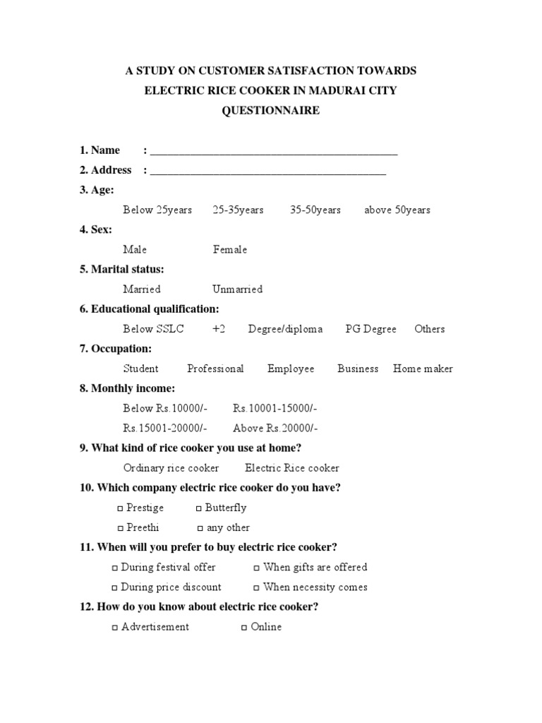Customer Satisfaction Questionnaire | Advertising | Business