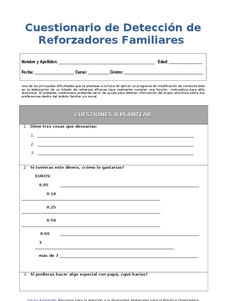 Cuestionario de Reforzadores Familiares | PDF