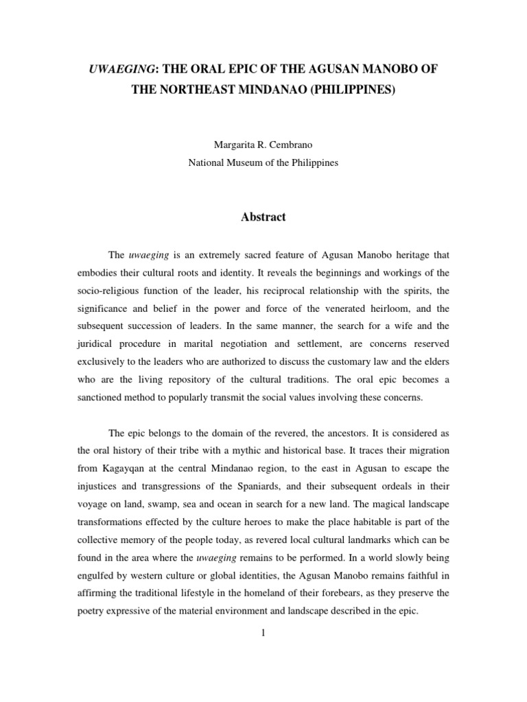 UWAEGING: THE ORAL EPIC OF THE AGUSAN MANOBO OF THE NORTHEAST MINDANAO ...
