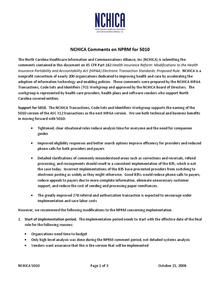 NCHICA Comments On NPRM For 5010 | PDF | Health Insurance Portability ...