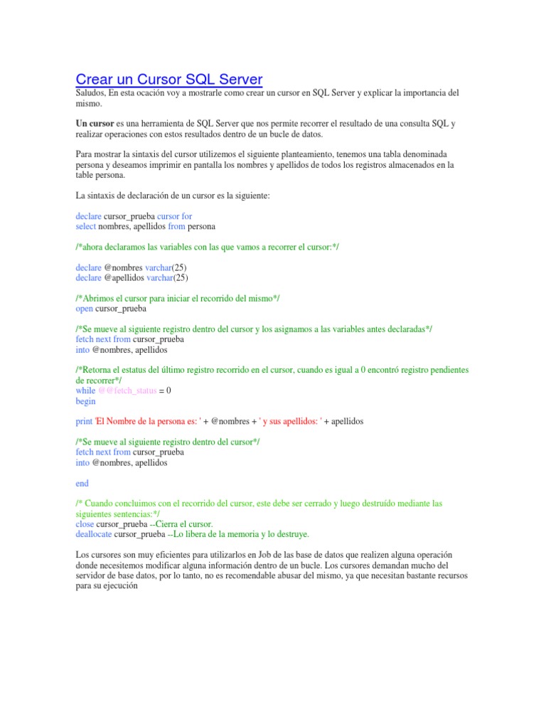 Crear Cursores en SQL Server | PDF | Servidor SQL de Microsoft | SQL