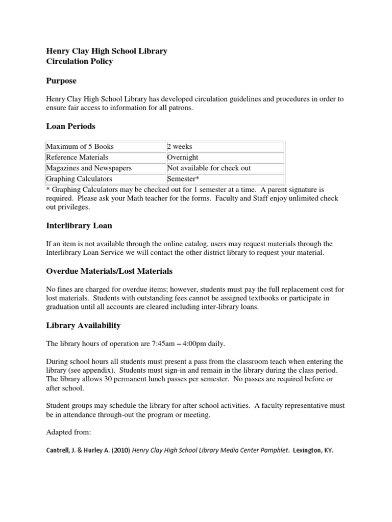 Henry Clay High School Library Circulation Policy Purpose | PDF | Self ...