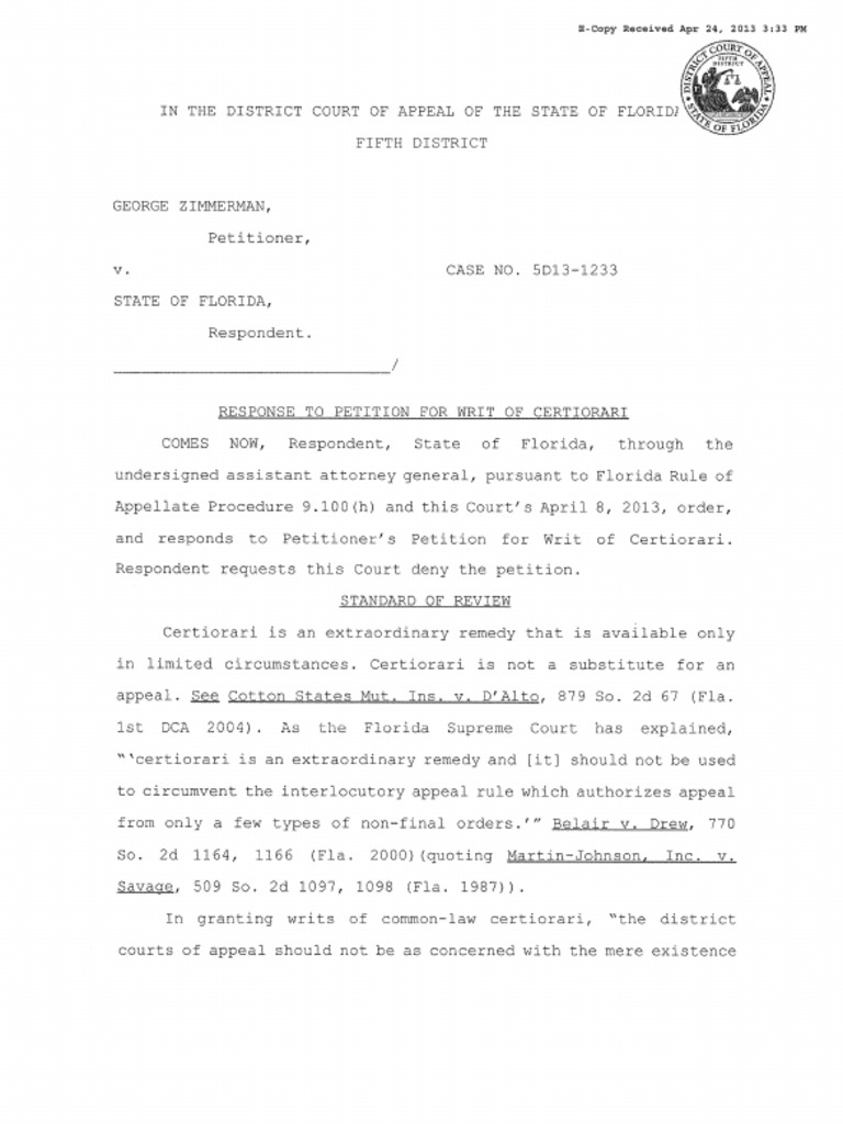 State of Florida Response To Writ - Presented To District Court of ...