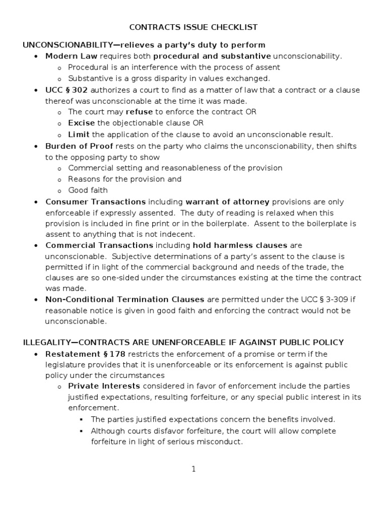 Contracts Checklist on Unconscionability and Illegality | PDF