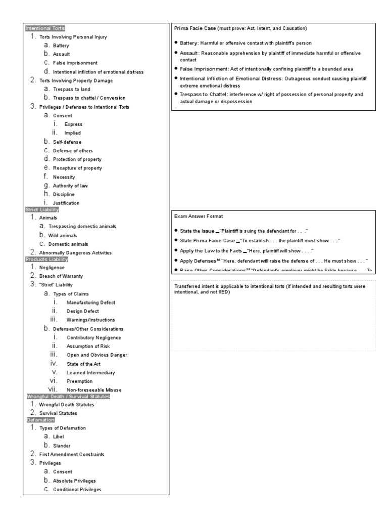 Torts Exam Outline | PDF | Trespass | Tort
