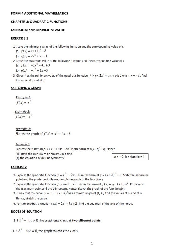 Form 4 Additional Mathematics Chapter 3: Quadratic Functions Minimum ...