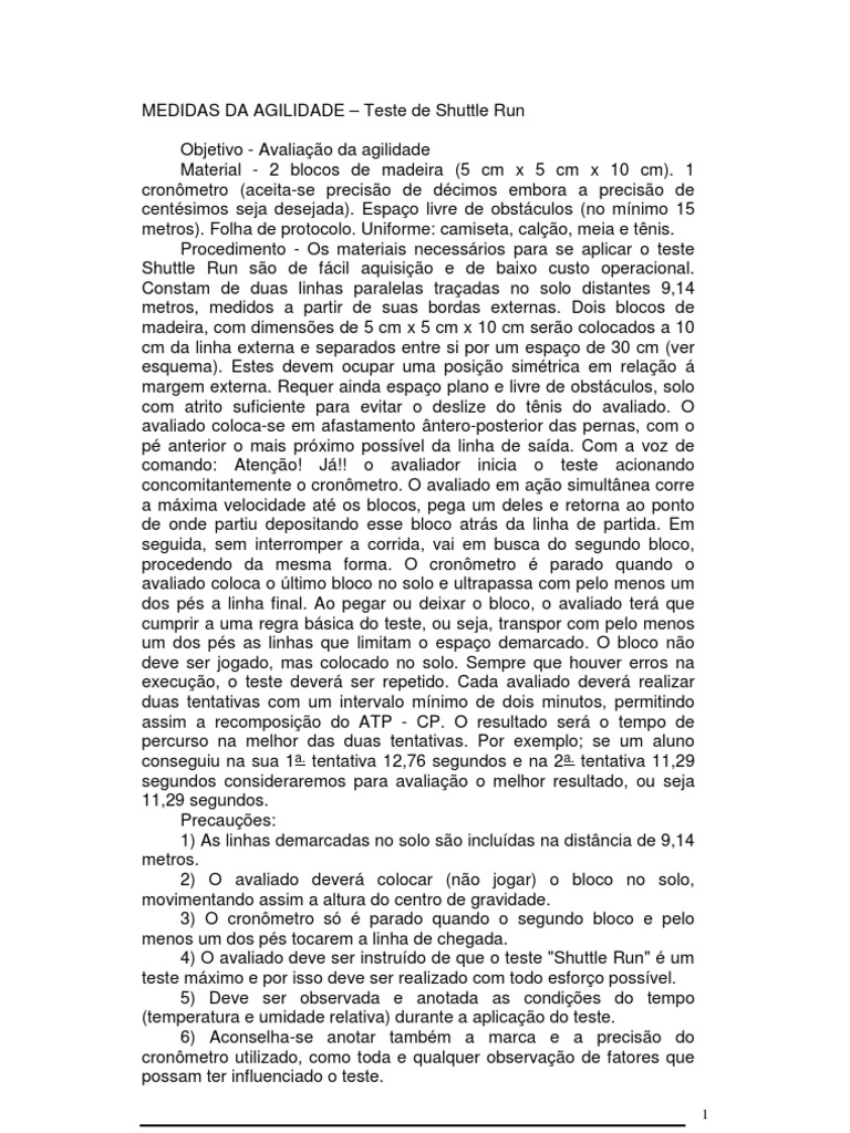 Procedimento e aplicação do teste de agilidade Shuttle Run | PDF ...