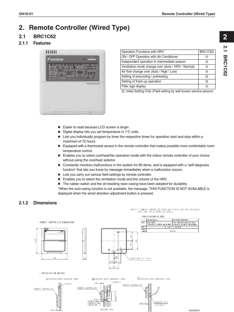 Daikin Remote Controller BRC1C62 | PDF | Electrical Wiring | Remote Control