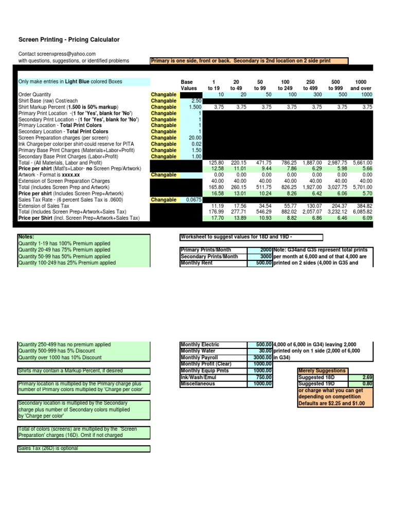 Screen Printing Pricing Calculator Guide | PDF | Printing | Taxes