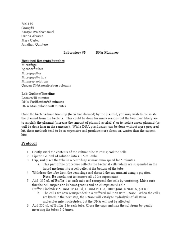 DNA Miniprep | PDF | Denaturation (Biochemistry) | Sodium Dodecyl Sulfate