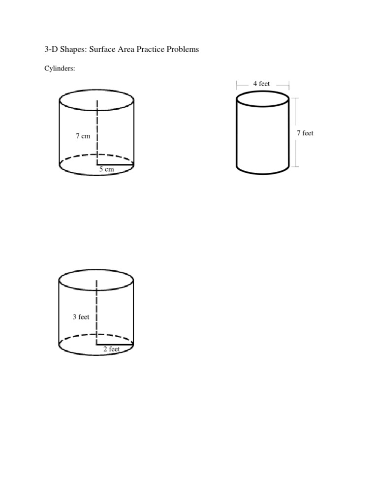 3-D Shapes: Surface Area Practice Problems: Cylinders: 4 Feet | PDF