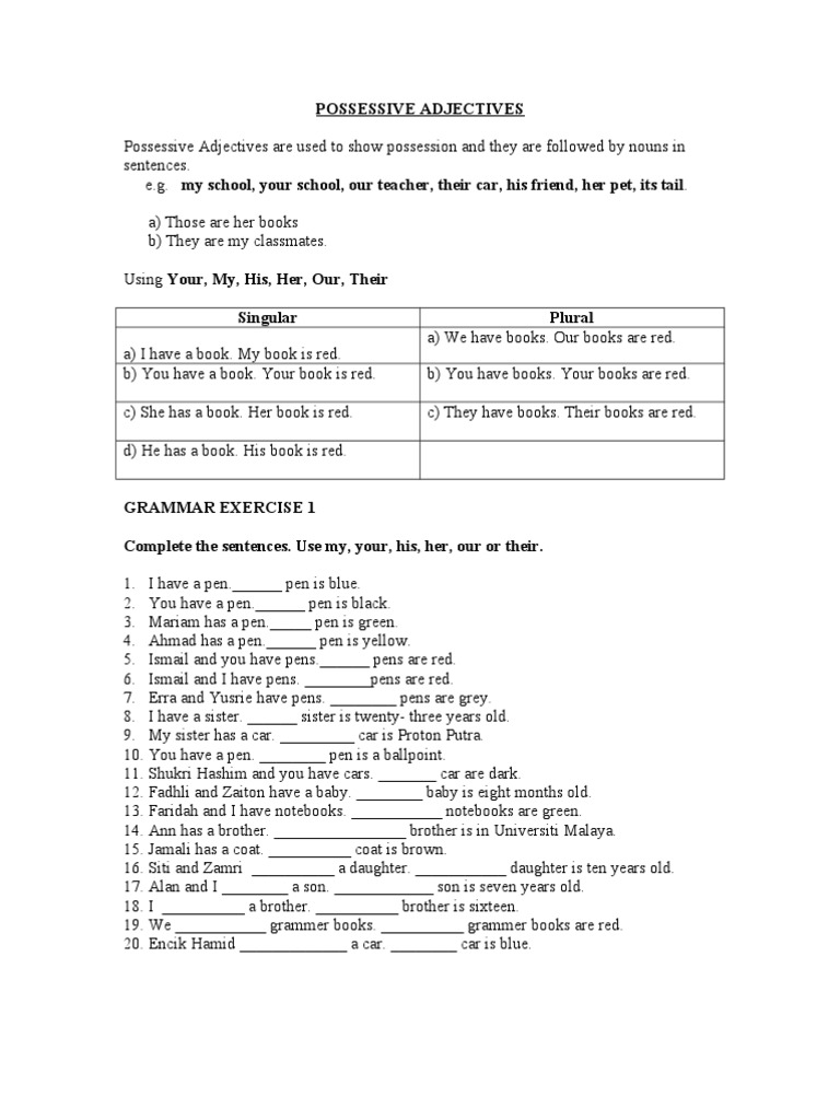 Grammar Possessive Adjectives | PDF | Grammar | Syntactic Relationships