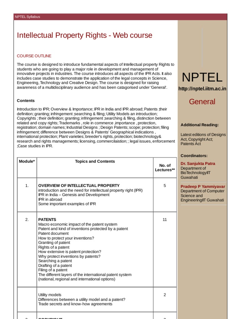 Ipr Syllabus | PDF | Intellectual Property | Trademark