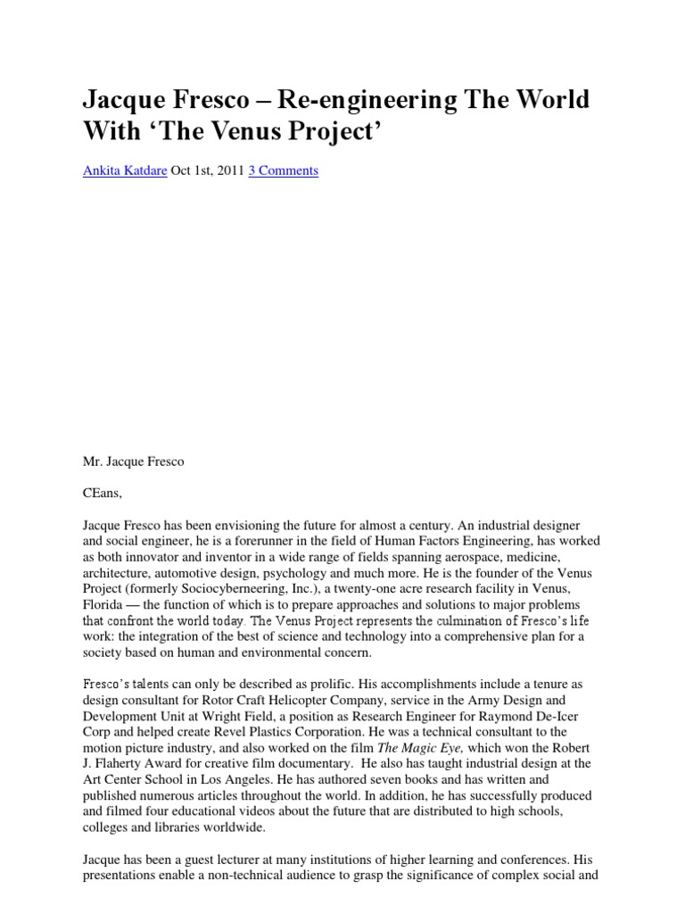 Jacque Fresco - Re-Engineering The World With The Venus Project' | PDF ...
