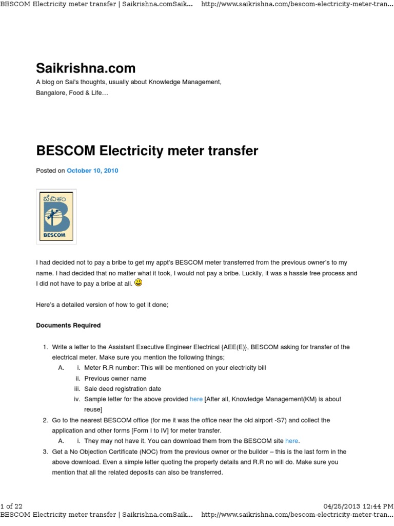 Electricity Meter Conversion Process - BESCOM PDF | PDF | Business