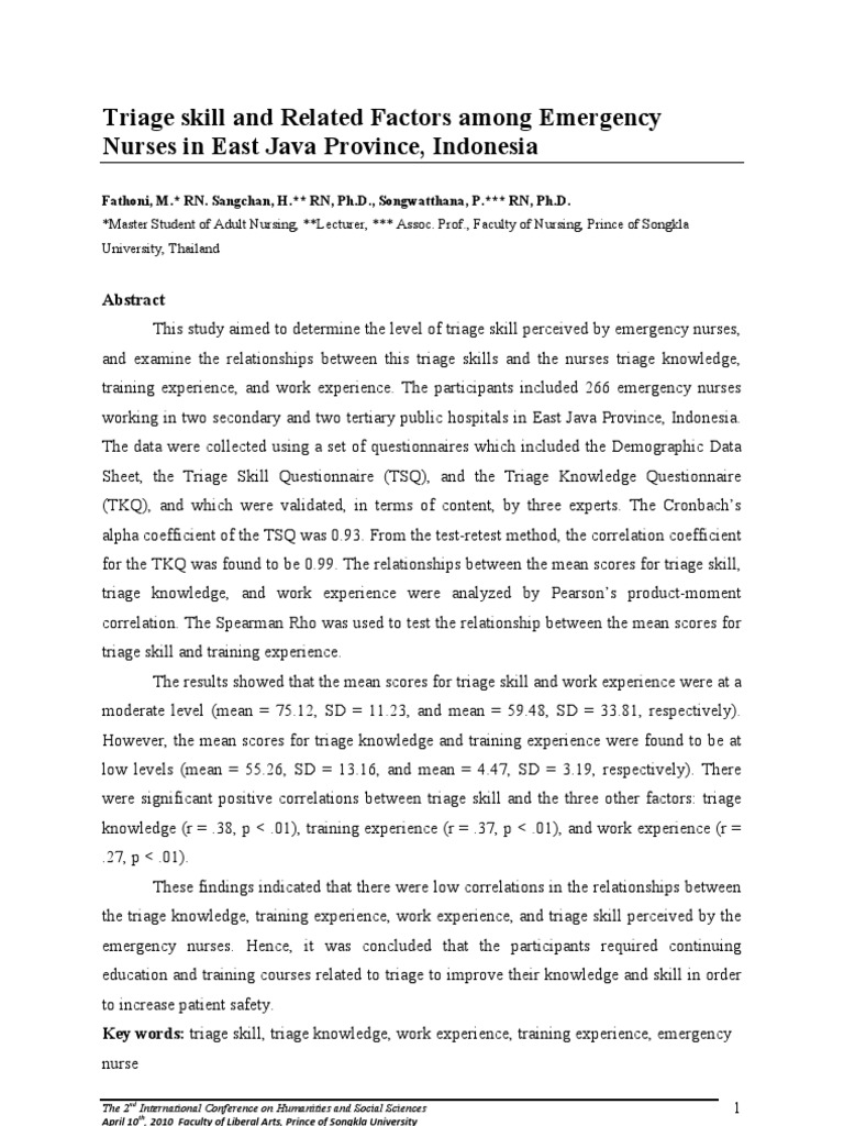 Triage Skill and Related Factors Among Emergency | PDF | Emergency Department | Spearman's Rank ...