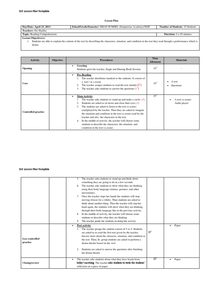 Lesson Plan - Reading Comprehension | Lesson Plan | Education Theory