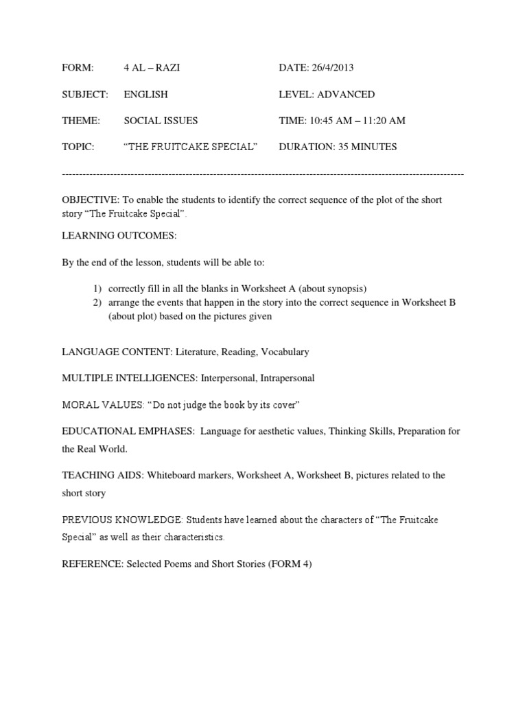 Lesson Plan ("The Fruitcake Special" - Plot) | PDF | Plot (Narrative ...