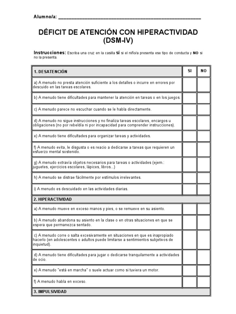 Evaluación TDAH según DSM-IV | PDF