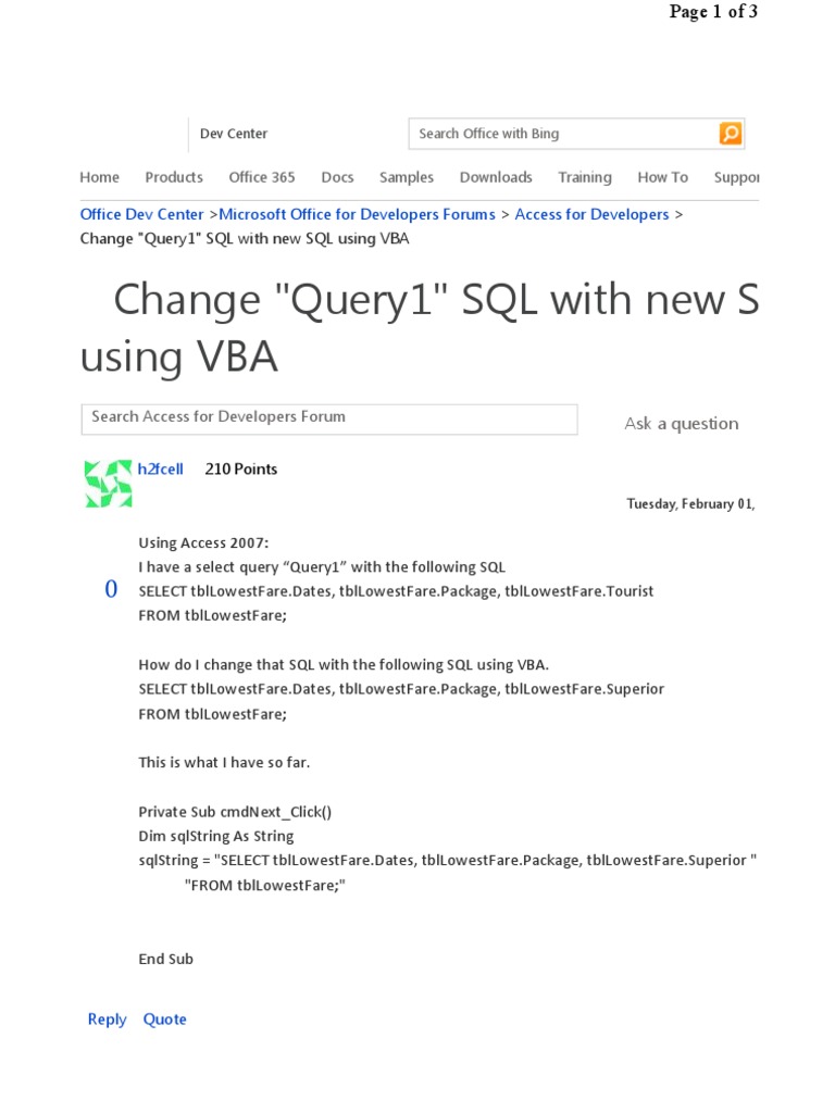 Change "Query1" SQL With New SQL Using VBA | PDF | Sql | Software