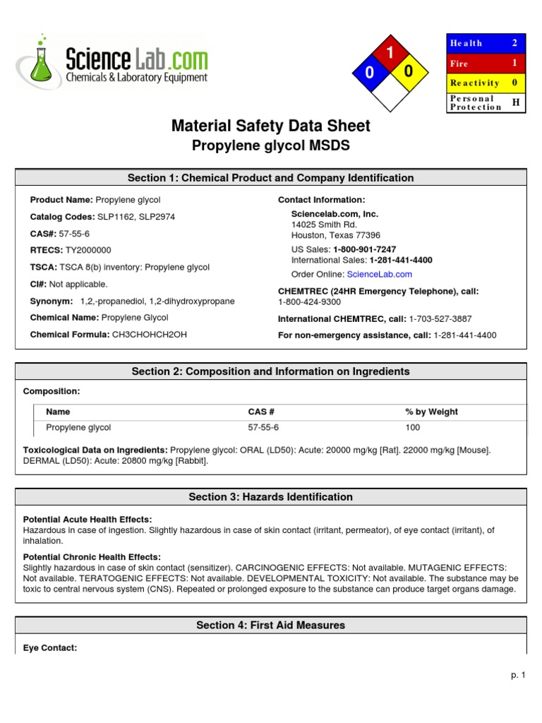 Propylene Glycol Safety Data Sheet | PDF | Toxicity | Water