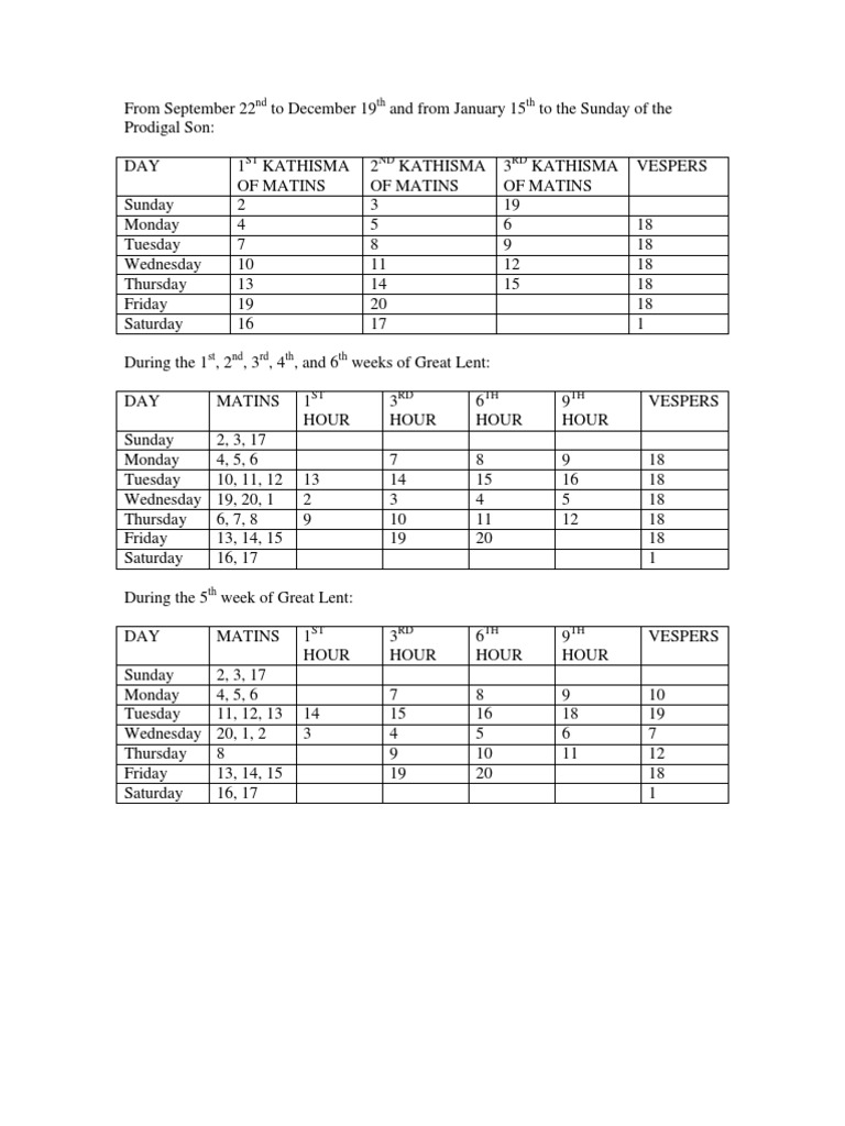 Byzantine Hours Kathisma Chart | PDF