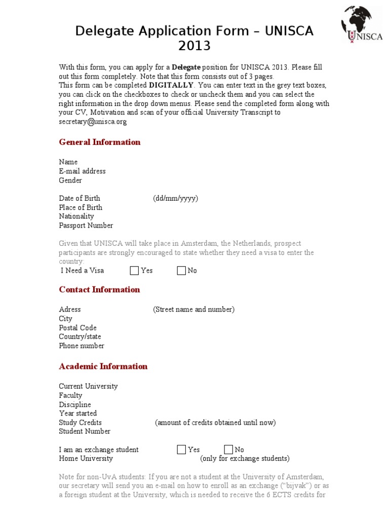 Delegate Application Form - UNISCA 2013: General Information | PDF ...