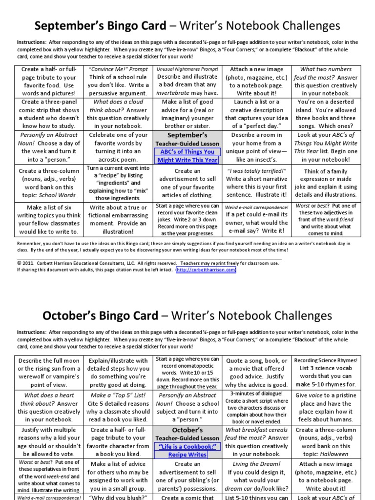 Writers Notebook Bingo Challenge | PDF | Adjective | Linguistics