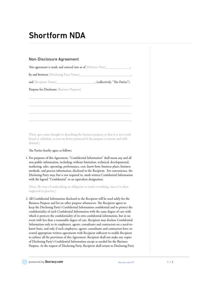 Generic Shortform Nda | PDF | Non Disclosure Agreement | Confidentiality