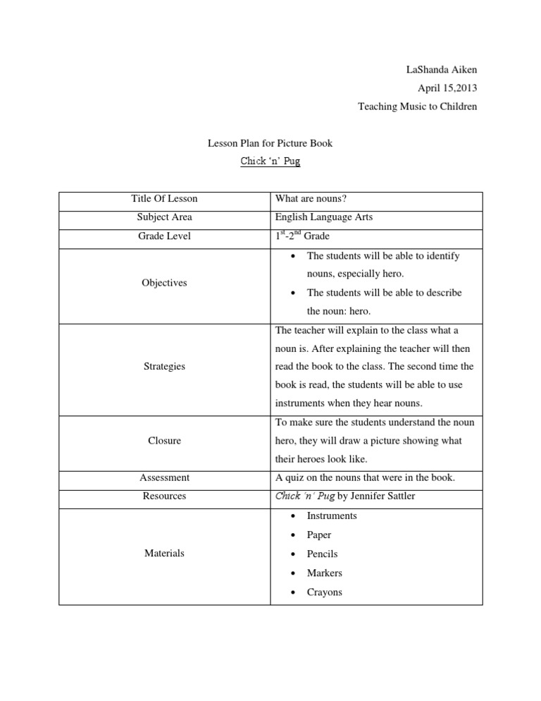 Noun Lesson Plan with Chick 'n' Pug | PDF