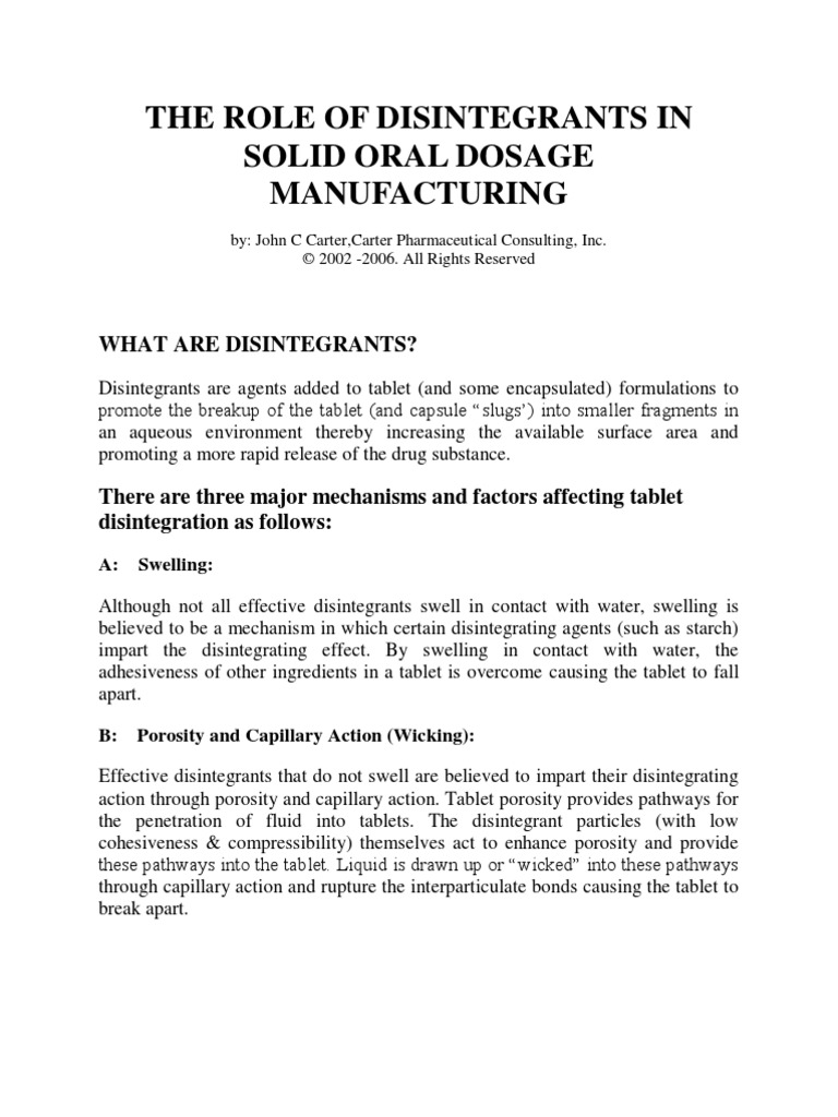 The Role of Disintegrants in Solid Oral Dosage Manufacturing | PDF ...