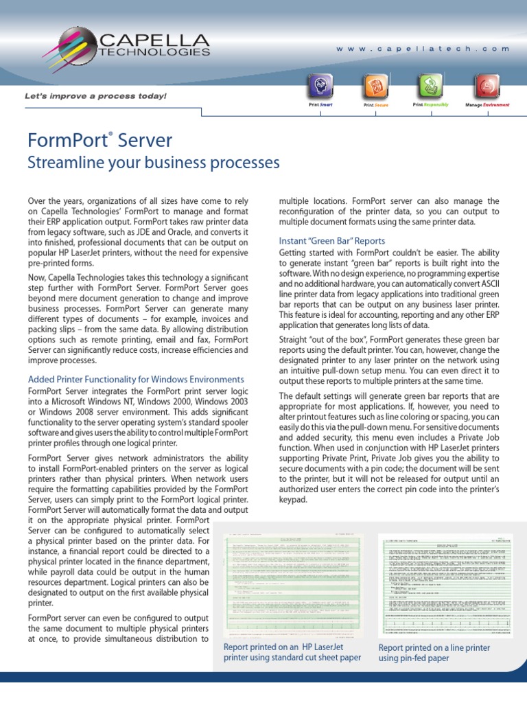FormPort Server Data Sheet | PDF | Printer (Computing) | Microsoft Windows