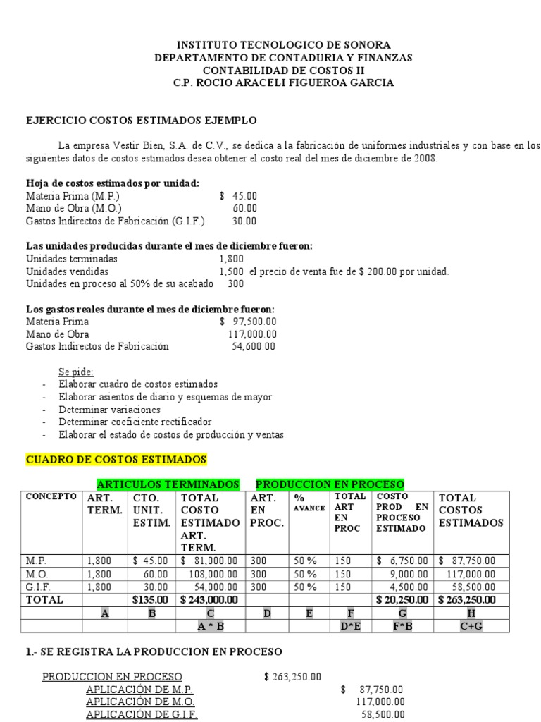 Ejercicio Costo Estimado Ejemplo