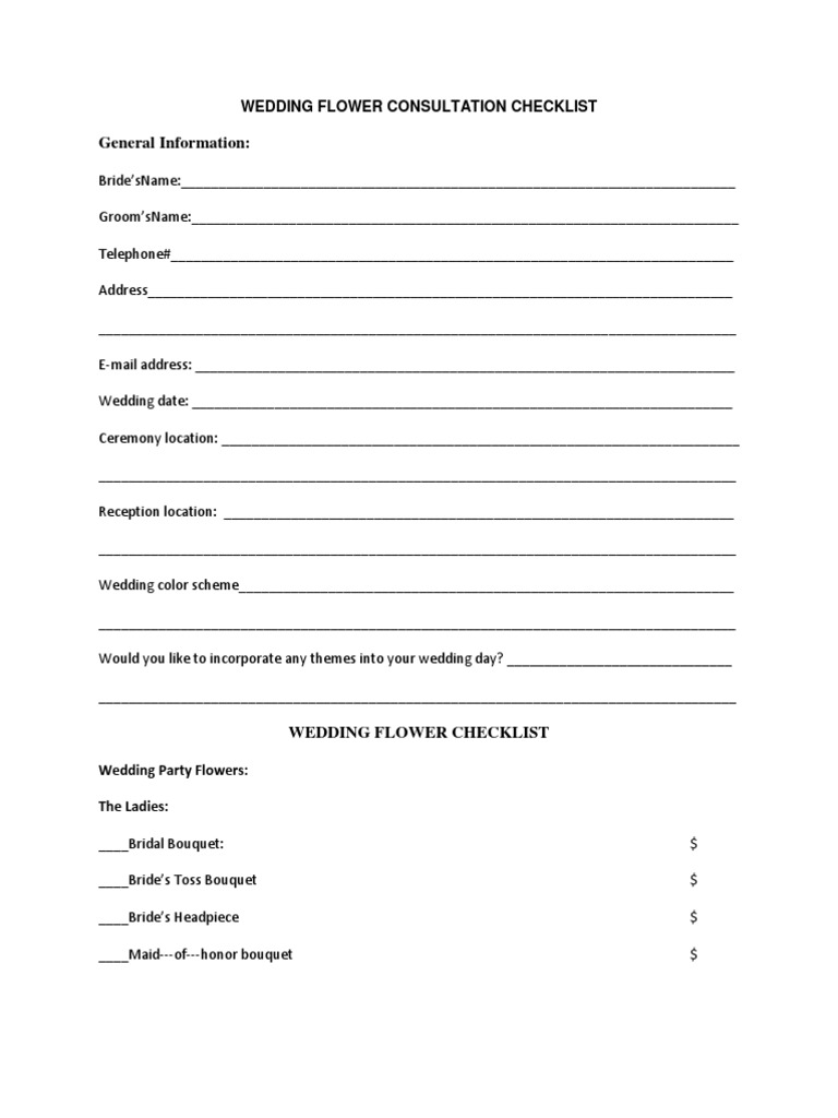 Wedding Flower Consultation Checklist | PDF