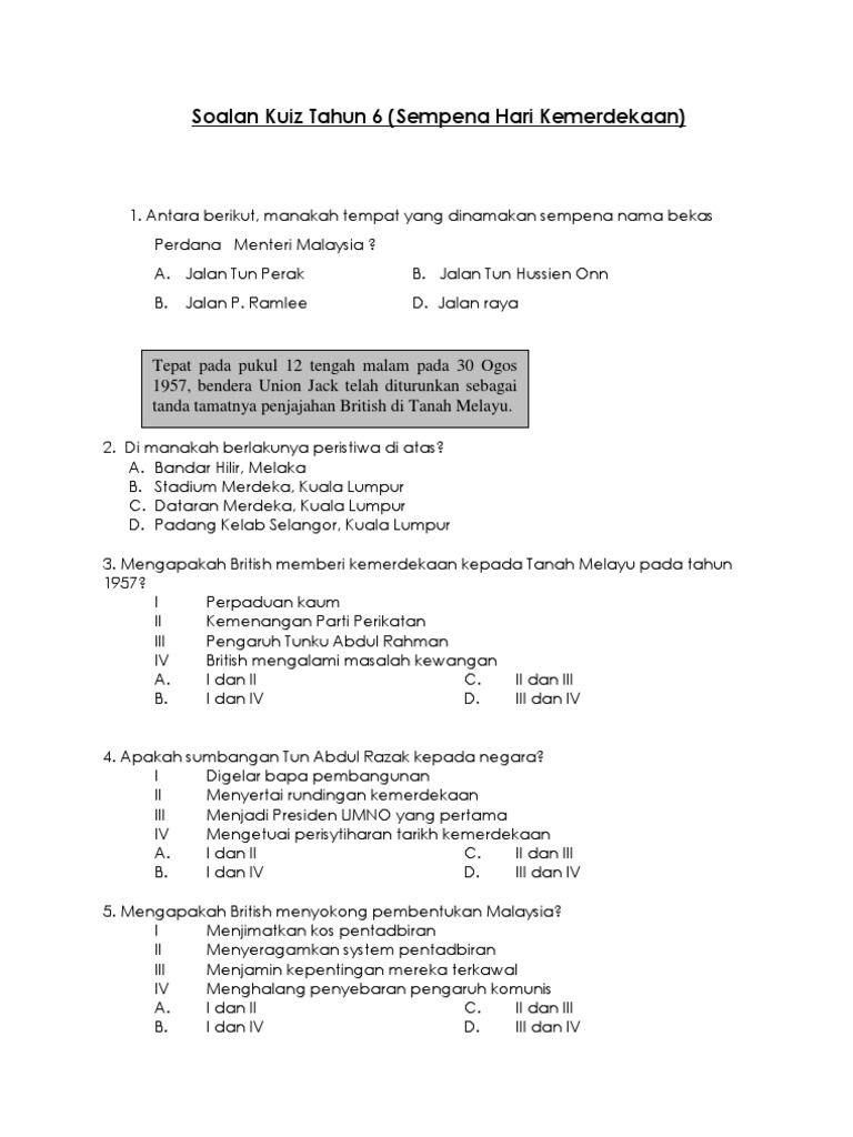 Soalan Kuiz Tahun 6 Merdeka | PDF
