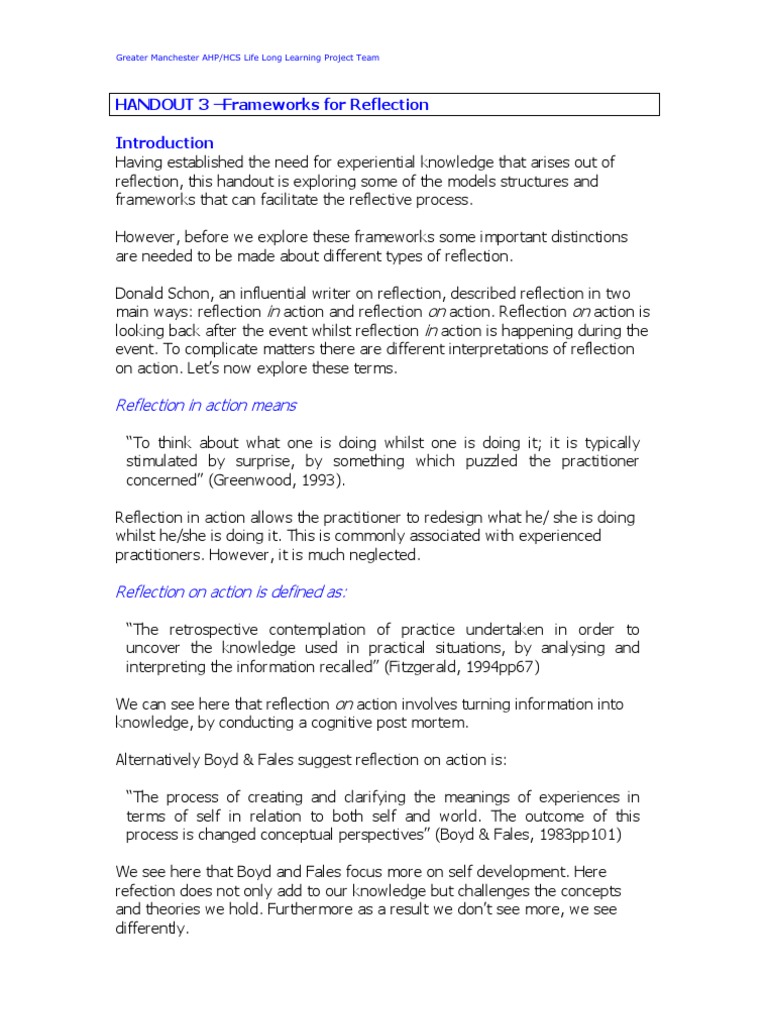 Framework For Reflection | PDF | Reflective Practice | Self Awareness