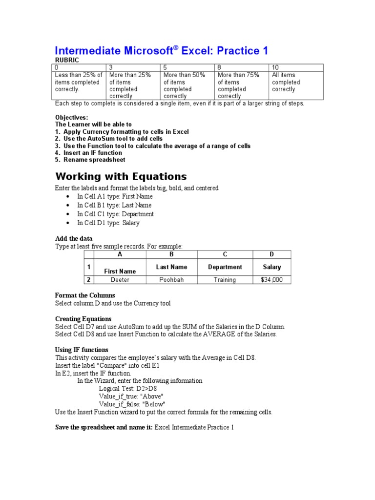 Excel Practice Activities | PDF | Microsoft Excel | Spreadsheet