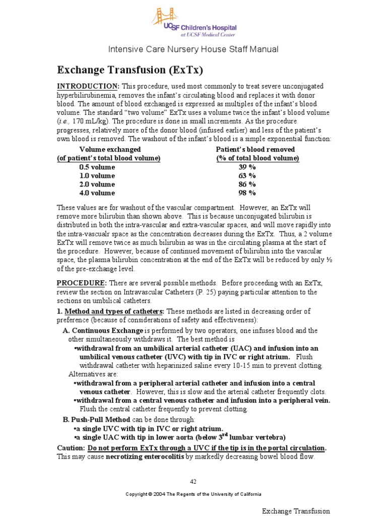 Exchange Transfusion (Extx) : Intensive Care Nursery House Staff Manual ...