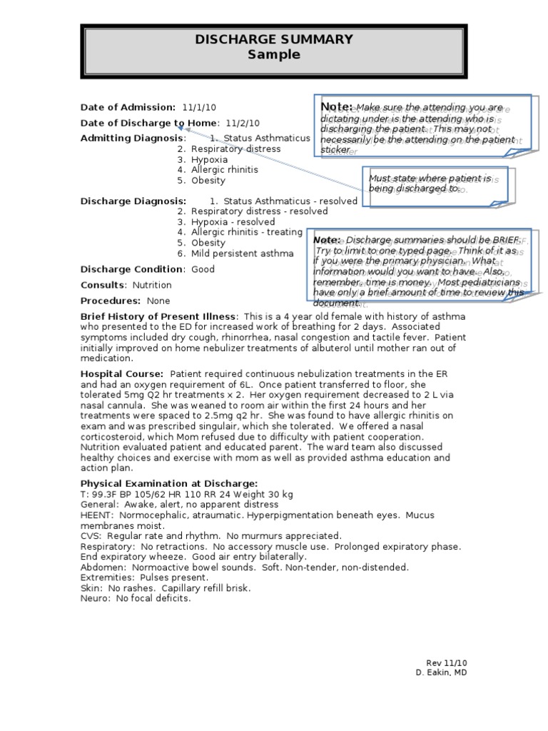 Discharge Summary Sample: Rev 11/10 D. Eakin, MD | PDF | Asthma | Patient