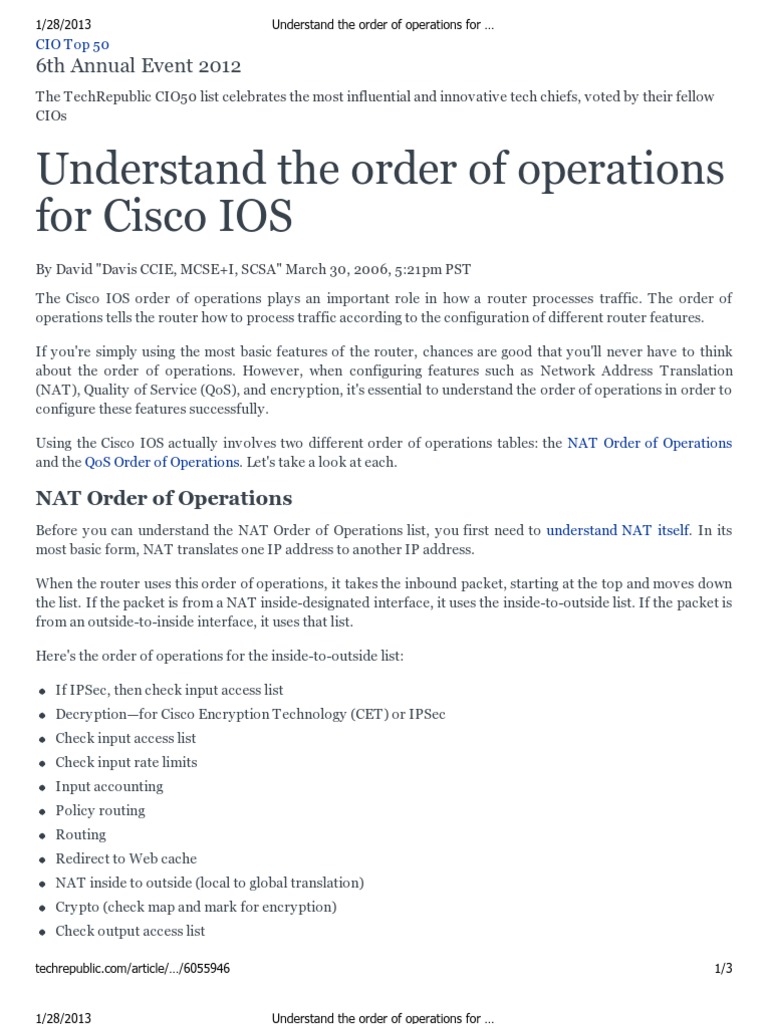 Understand The Order of Operations For Cisco IOS - TechRepublic | Download Free PDF | Router ...