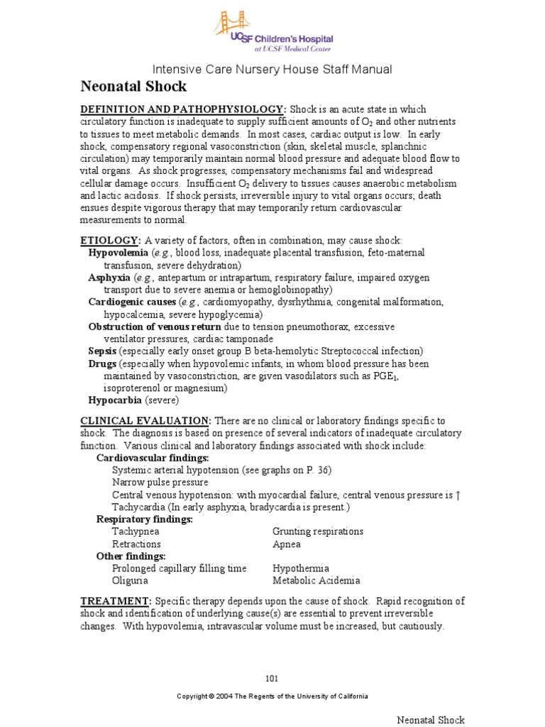 Neonatal Shock: Intensive Care Nursery House Staff Manual | PDF | Shock ...