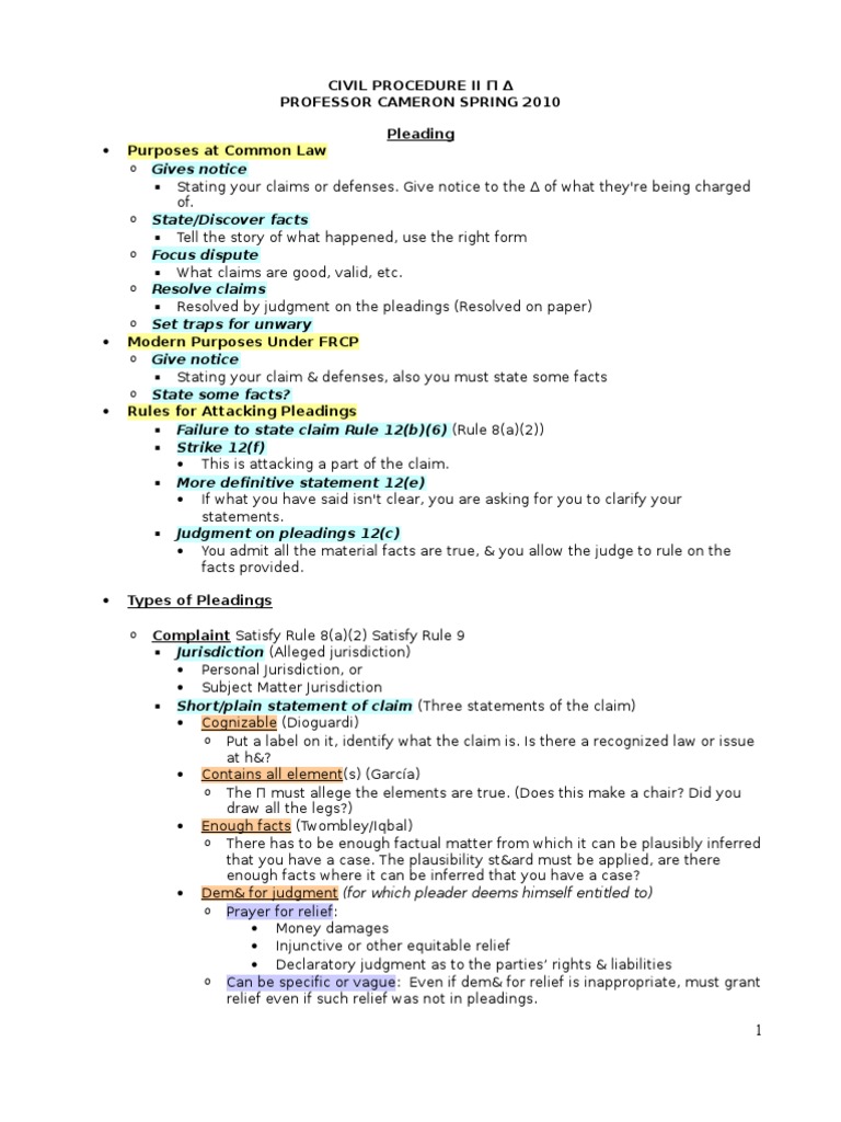 Civil Procedure II - Cameron - 2010 Friedenthal Text | PDF | Summary ...
