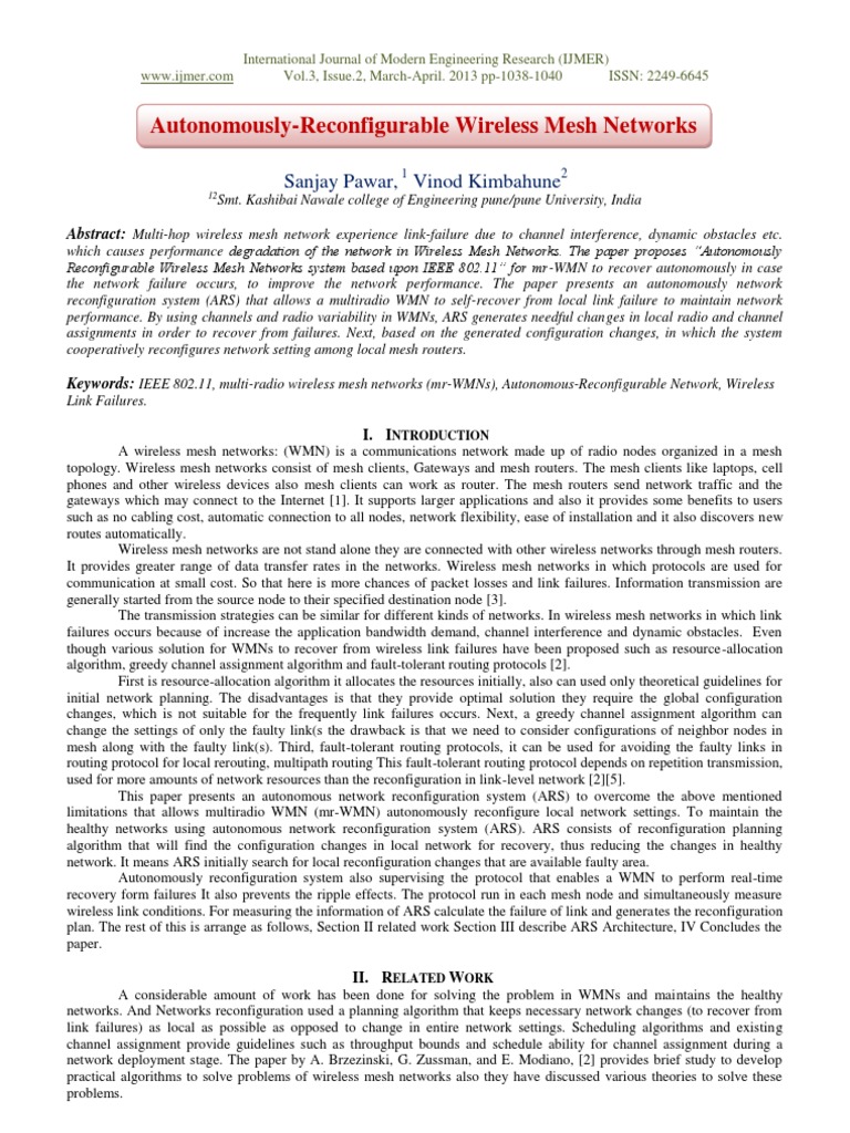 Autonomously-Reconfigurable Wireless Mesh Networks | PDF | Routing | Computer Network