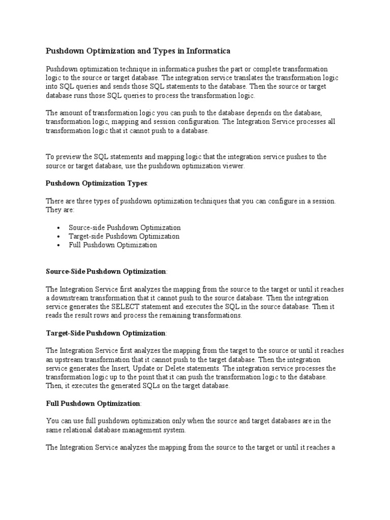 Pushdown Optimization and Types in Informatica | PDF | Databases | Sql