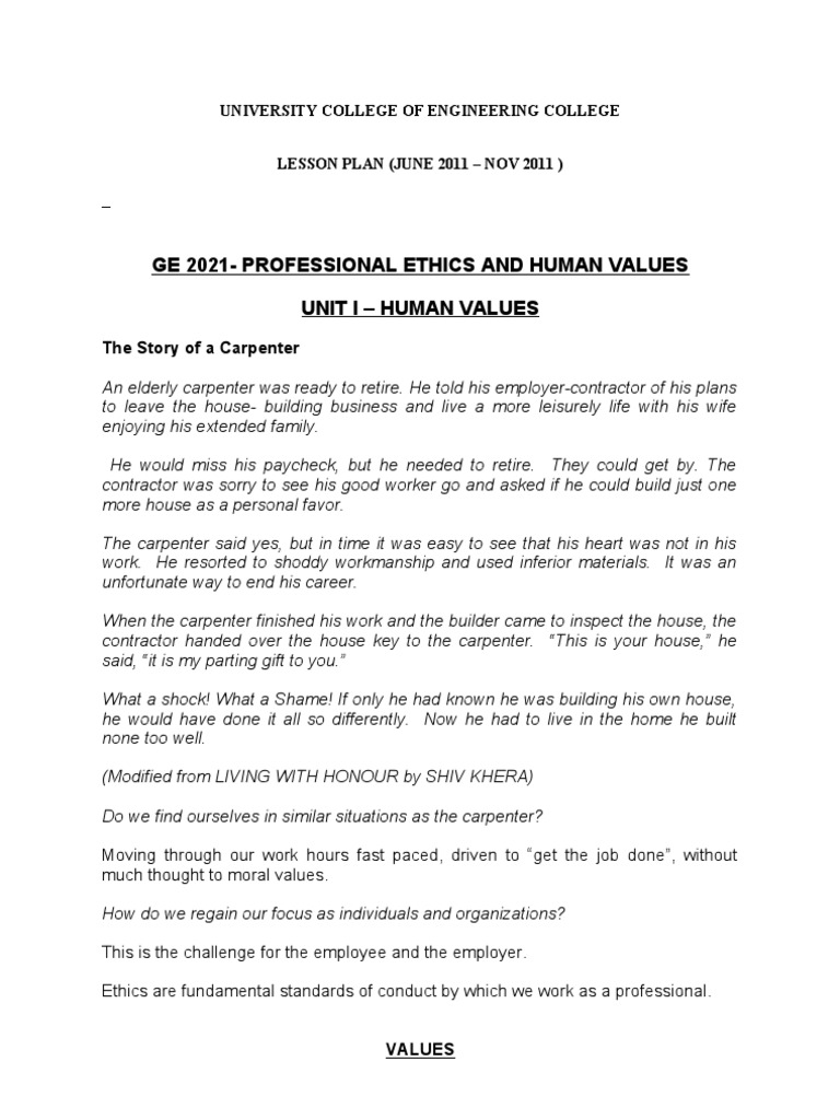 Ge 2021-Professional Ethics and Human Values Unit I - Human Values | Download Free PDF ...
