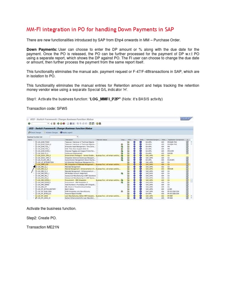 MM-FI Integration in PO For Handling Down Payments in SAP | PDF